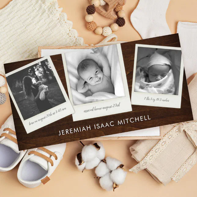 Rustic Baby Instant Film Photo Birth Announcement | Zazzle