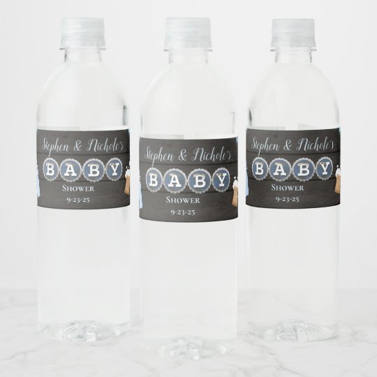 Rustic Baby Is Brewing Blue Baby Shower Water Bottle Label | Zazzle.com