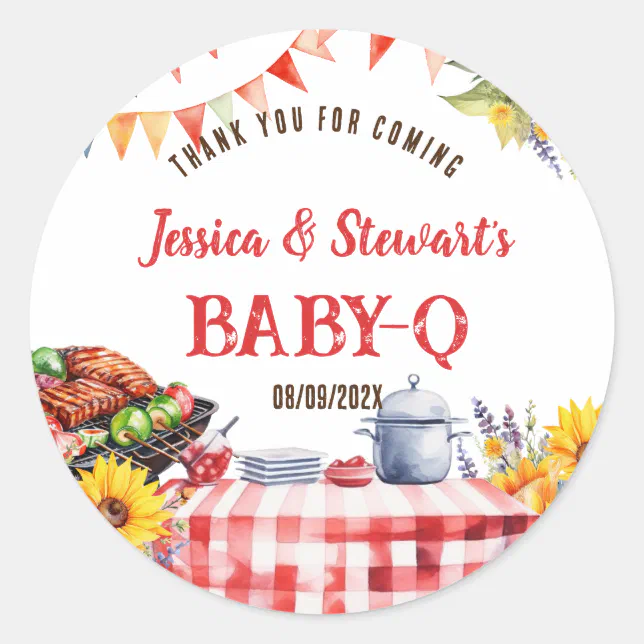 Rustic BABY-Q Barbecue Picnic Sunflower Thank You Classic Round Sticker ...