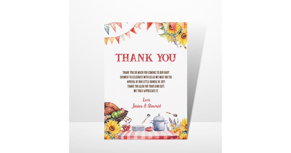Rustic BABY-Q Barbecue Picnic Sunflower Thank You Invitation | Zazzle