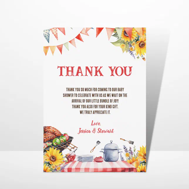 Rustic BABY-Q Barbecue Picnic Sunflower Thank You Invitation | Zazzle