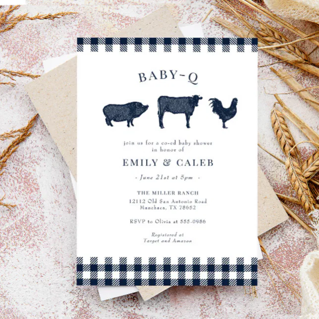 Rustic Baby Q Blue Plaid Baby Shower Invitation | Zazzle