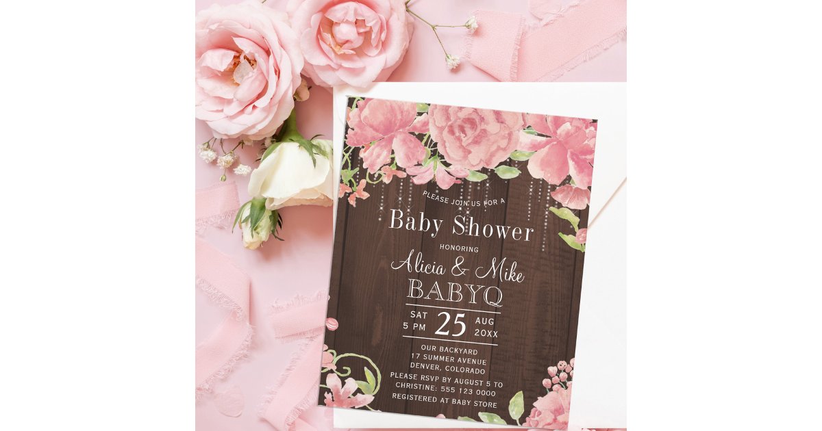 Rustic backyard pink baby shower budget invitation | Zazzle