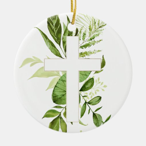 Rustic Baptism Greenery Cross Ceramic Ornament | Zazzle