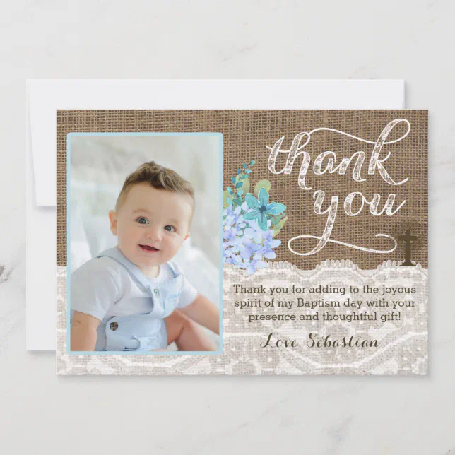 Rustic Baptism Photo Thank You For Boy, 7x5 | Zazzle