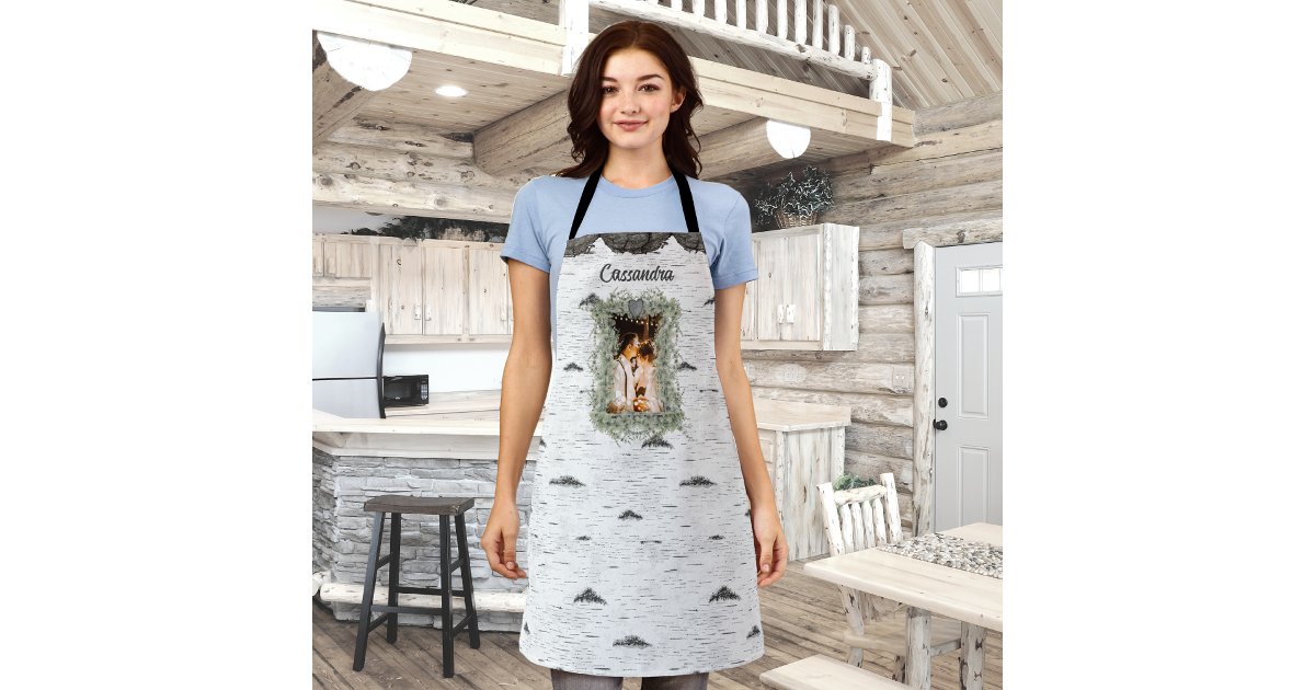 Rustic Bark Wood Heart Family Photo Eucalyptus Apron | Zazzle