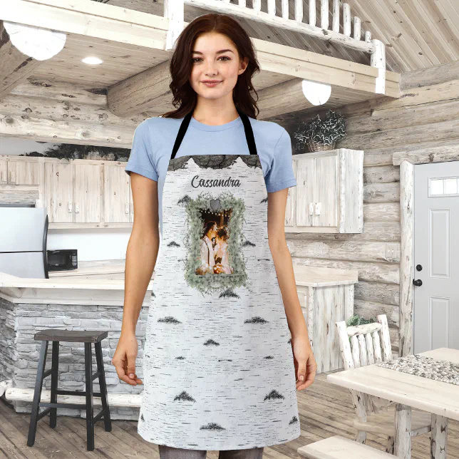 Rustic Bark Wood Heart Family Photo Eucalyptus Apron | Zazzle