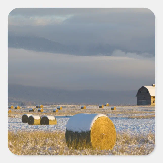 Rustic barn and hay bales after a fresh snow 3 square sticker | Zazzle