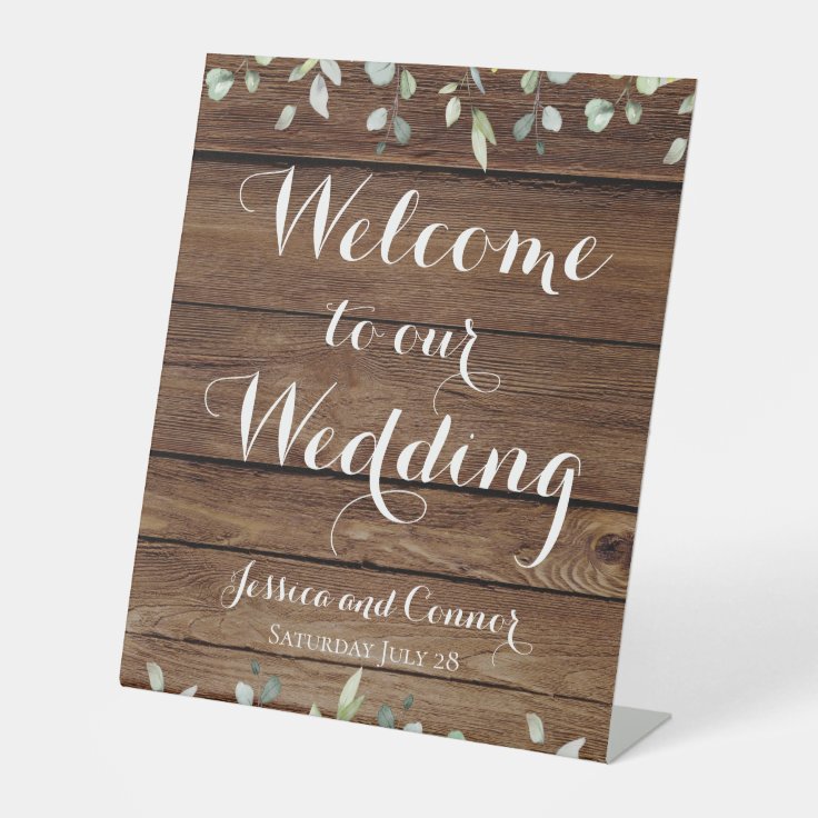 Rustic Barn Board Eucalyptus Greenery Welcome Pedestal Sign | Zazzle