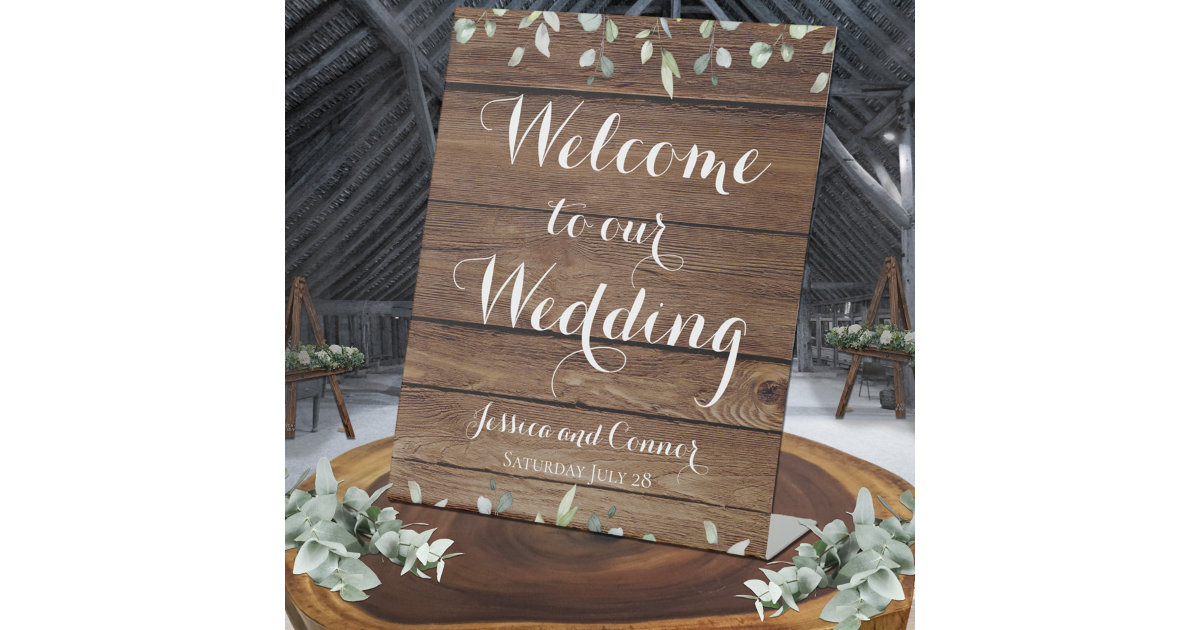 Rustic Barn Board Eucalyptus Greenery Welcome Pedestal Sign | Zazzle