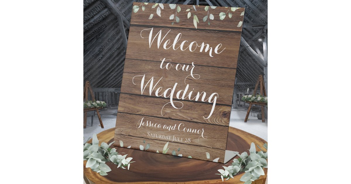 Rustic Barn Board Eucalyptus Greenery Welcome Pedestal Sign | Zazzle