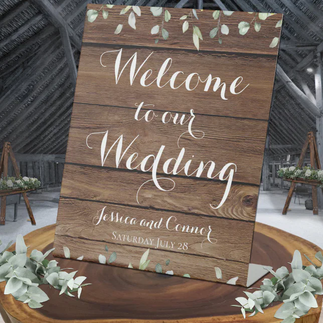 Rustic Barn Board Eucalyptus Greenery Welcome Pedestal Sign | Zazzle