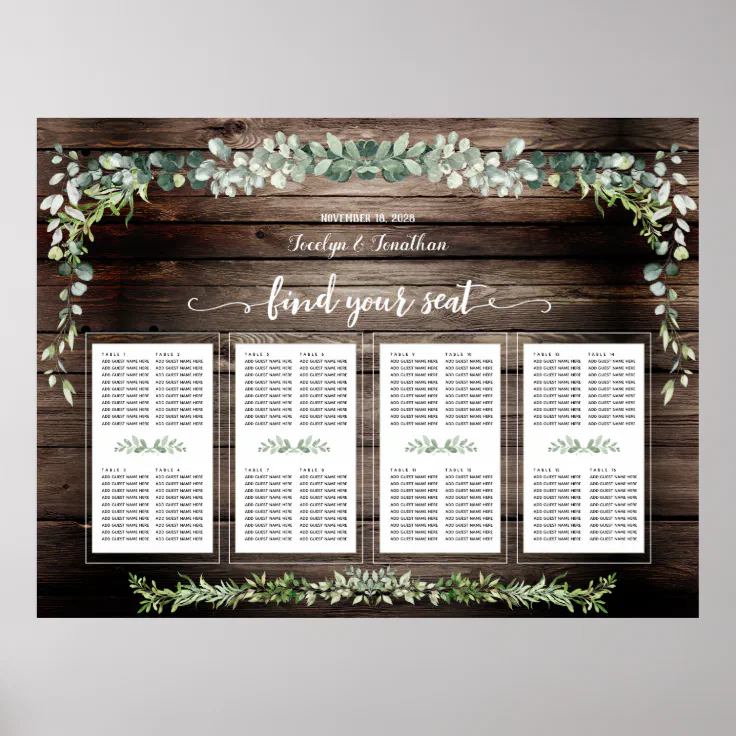 Rustic Barn Board Greenery 160 Guest Seating Poster | Zazzle