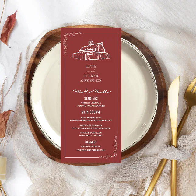 Rustic Barn Muted Red Fall Wedding Menu | Zazzle