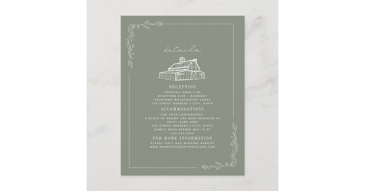 Rustic Barn Sage Green Fall Wedding Details Enclosure Card | Zazzle