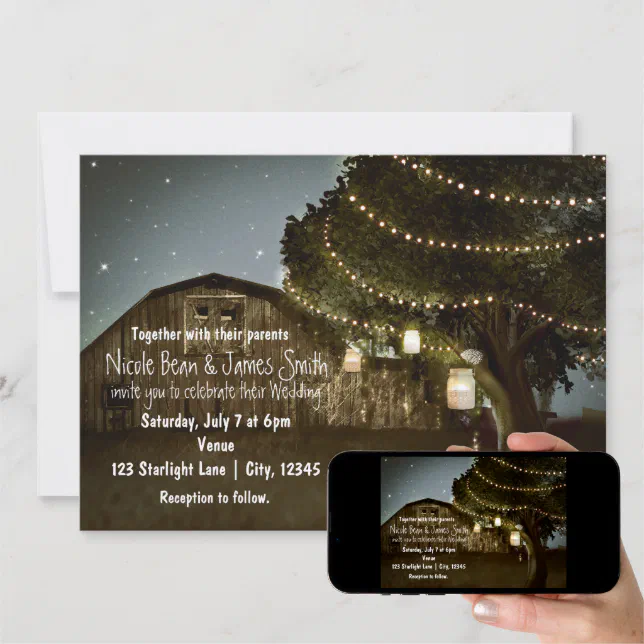 Rustic Barn & Tree Lights Wedding Invitations | Zazzle
