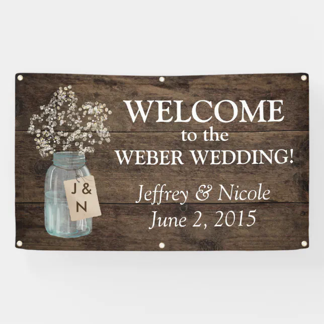 Rustic Barn Wedding Wood Mason Jar Babys Breath Banner | Zazzle