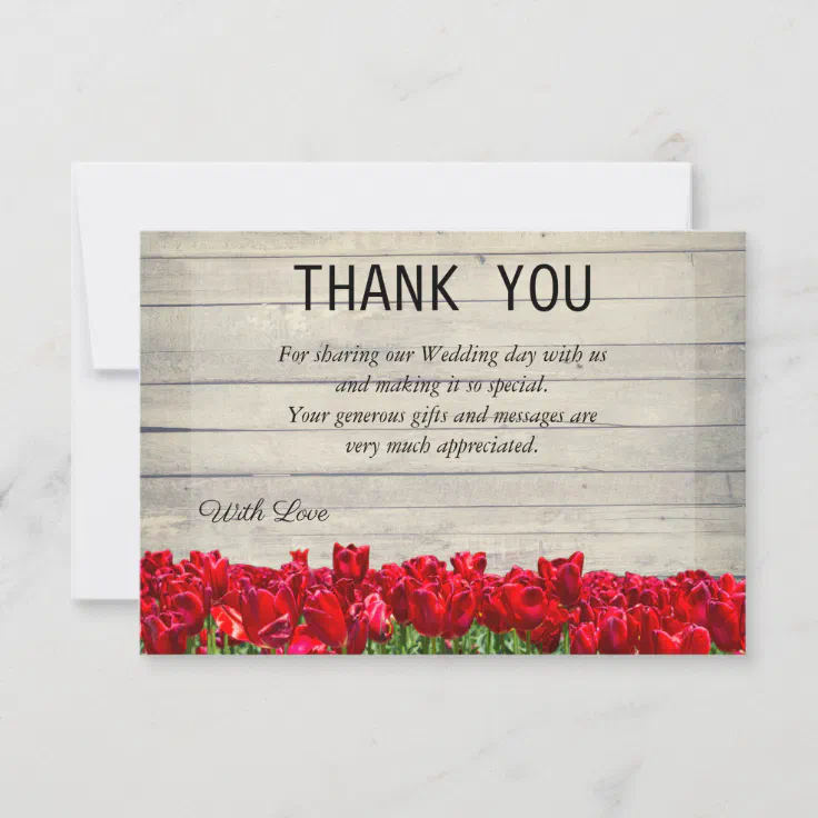 Rustic barn with red tulips thank you card | Zazzle