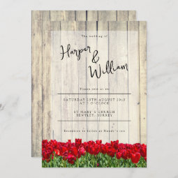 Rustic barn with red tulips wedding invitation | Zazzle