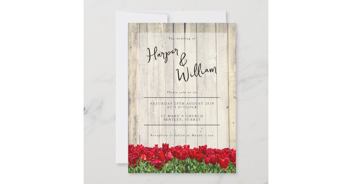 Rustic barn with red tulips wedding invitation | Zazzle