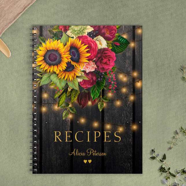 Rustic barn wood and lights floral kitchen recipes notebook | Zazzle