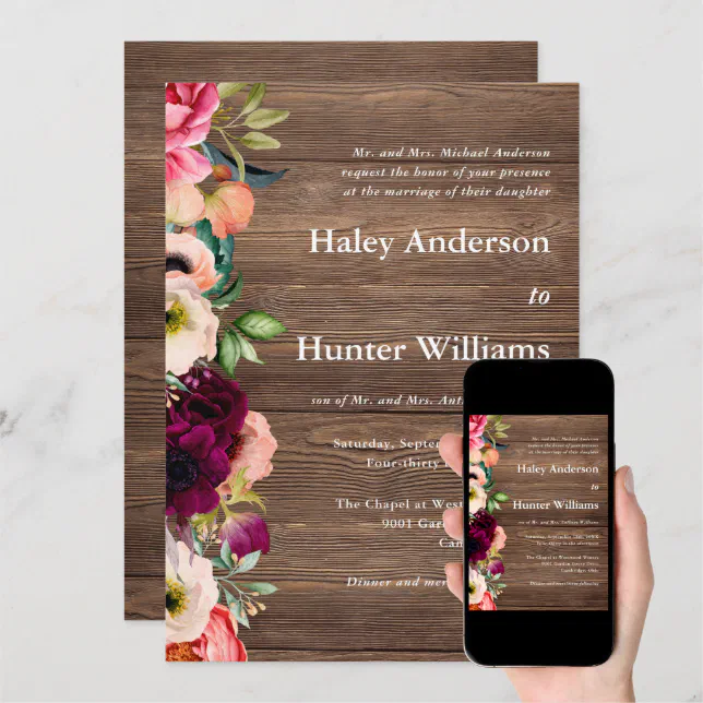 Rustic Barn Wood Boho Botanical Wedding Invitation | Zazzle