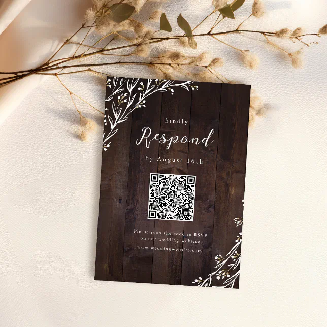 Rustic Barn Wood Boho Floral Country QR code RSVP Card | Zazzle