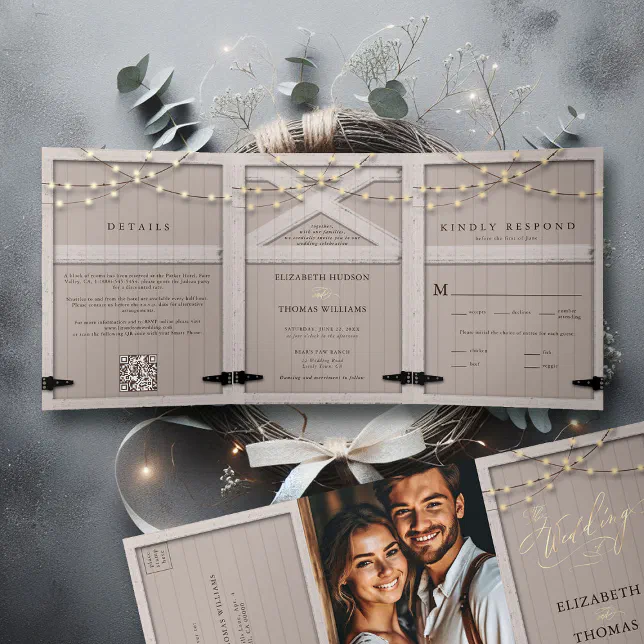 Rustic Barn Wood Calligraphy Elegant Photo Wedding Tri-Fold Invitation | Zazzle