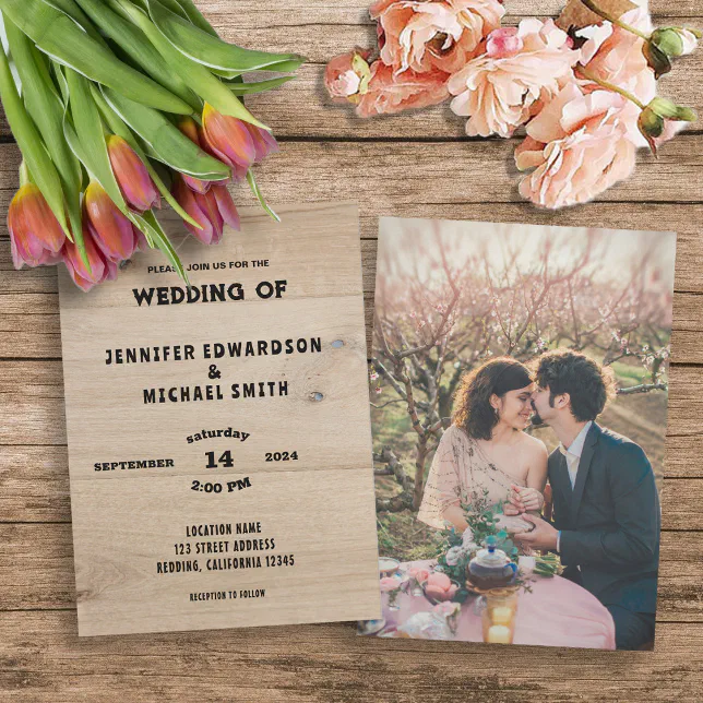 Rustic barn wood country photo wedding invitation | Zazzle
