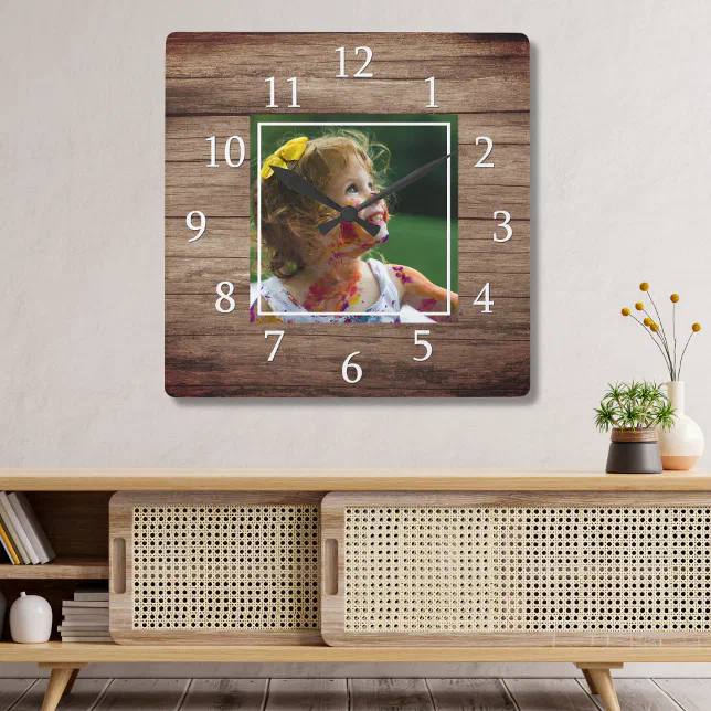 Rustic Barn Wood Custom Photo Square Wall Clock | Zazzle