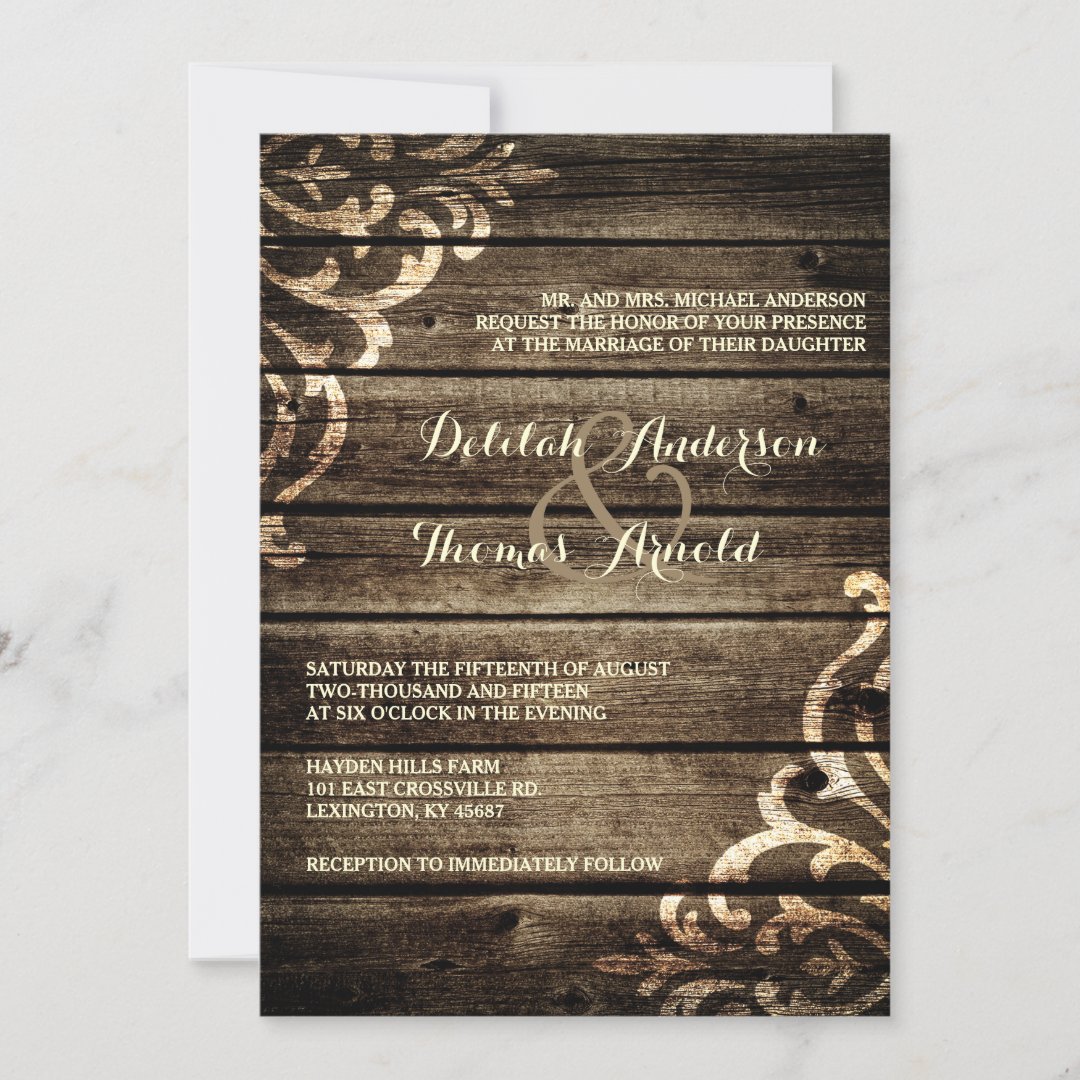 Rustic Barn Wood Damask Vintage Wedding Invitation | Zazzle