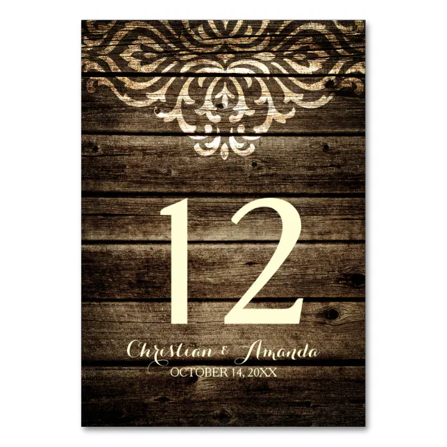 Rustic Barn Wood Damask Vintage Wedding Table Card | Zazzle
