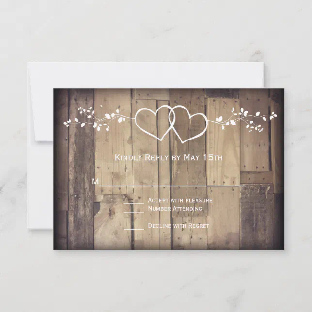 Rustic Barn Wood Double Hearts Wedding RSVP Cards | Zazzle
