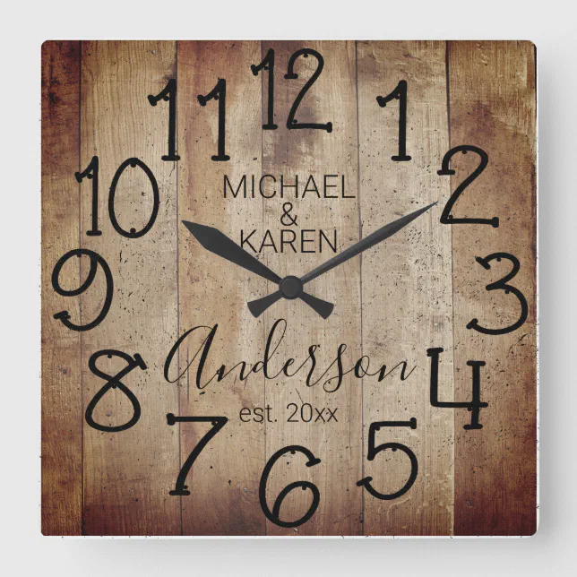 Rustic Barn Wood Farmhouse Custom Family Name Square Wall Clock | Zazzle