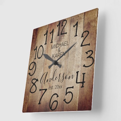 Rustic Barn Wood Farmhouse Custom Family Name Square Wall Clock | Zazzle