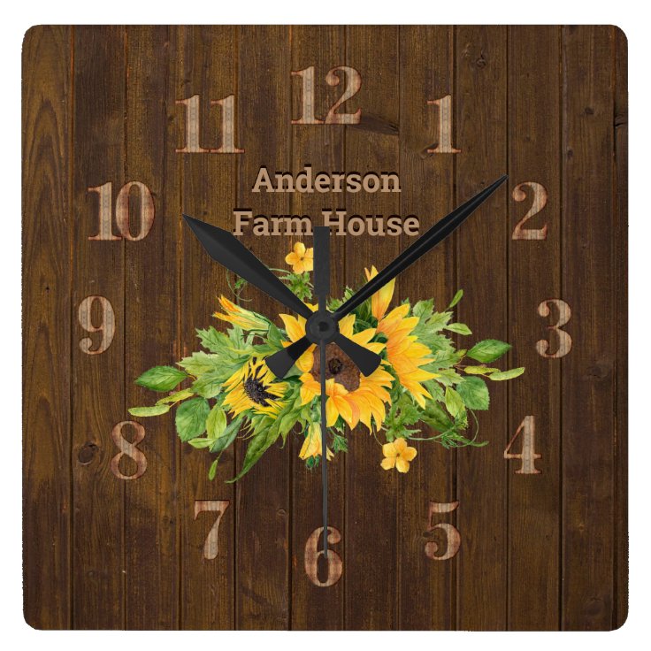 Rustic Barn Wood Farmhouse Kitchen Sunflowers Square Wall Clock | Zazzle
