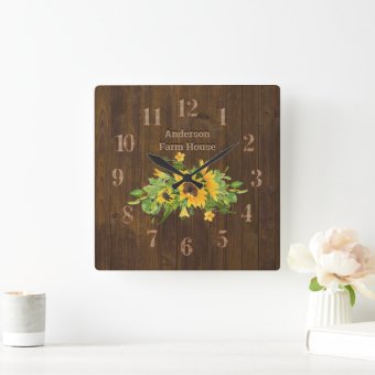 Rustic Barn Wood Farmhouse Kitchen Sunflowers Square Wall Clock | Zazzle