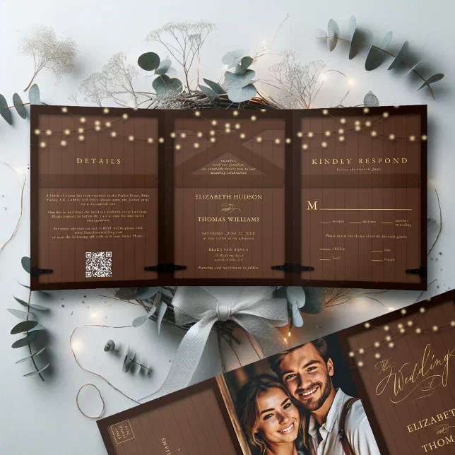 Rustic Barn Wood Gold Calligraphy Elegant Wedding Tri-Fold Invitation ...