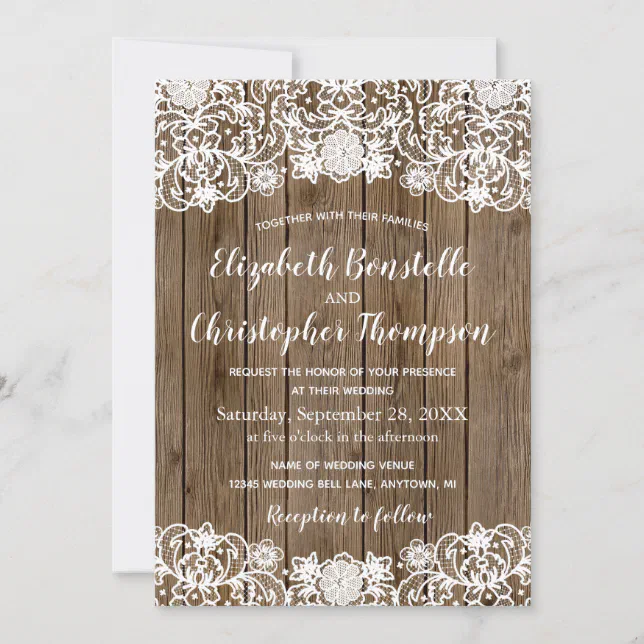 Rustic Barn Wood Lace Calligraphy Wedding Invitation | Zazzle