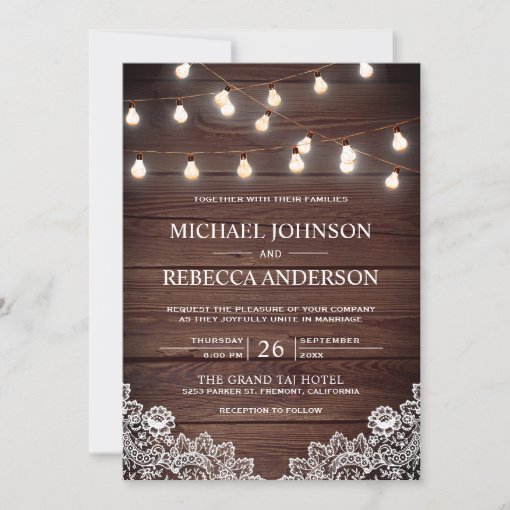 Rustic Barn Wood Lace String Lights Photo Wedding Invitation | Zazzle