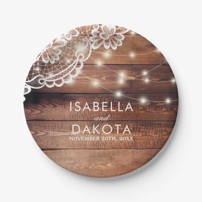 Rustic Barn Wood Lace & String Lights Wedding Paper Plates | Zazzle