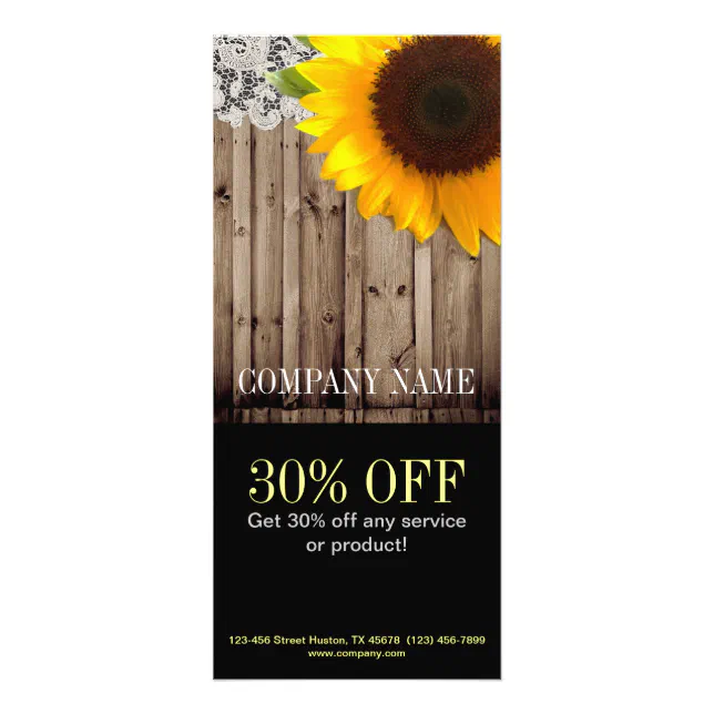 rustic Barn Wood Lace western country sunflower Rack Card | Zazzle