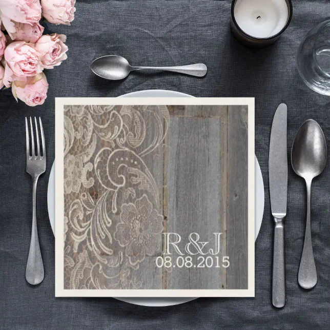 rustic barn wood lace western country wedding paper napkins | Zazzle