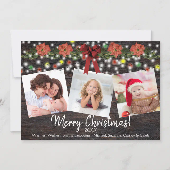 Rustic Barn Wood & Lights 3 Photo Christmas Holiday Card | Zazzle