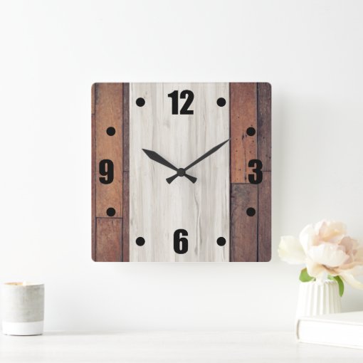 Rustic Barn Wood Natural Wood Block Bold Numbers Square Wall Clock | Zazzle