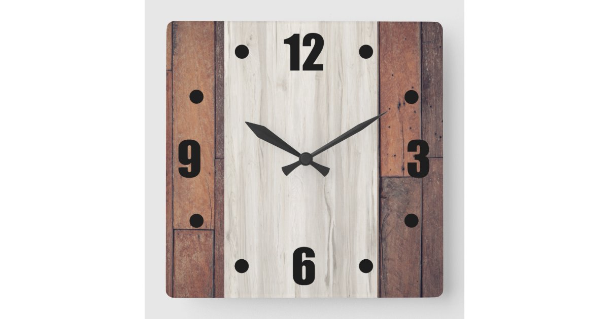 Rustic Barn Wood Natural Wood Block Bold Numbers Square Wall Clock | Zazzle