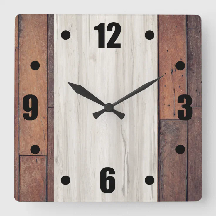 Rustic Barn Wood Natural Wood Block Bold Numbers Square Wall Clock | Zazzle