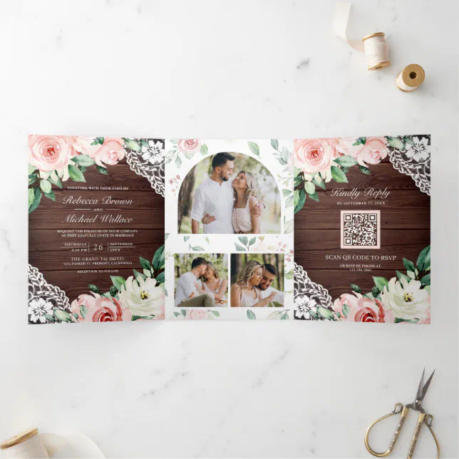 Rustic Barn Wood Peach Floral Lace QR Code Wedding Tri-Fold Invitation ...