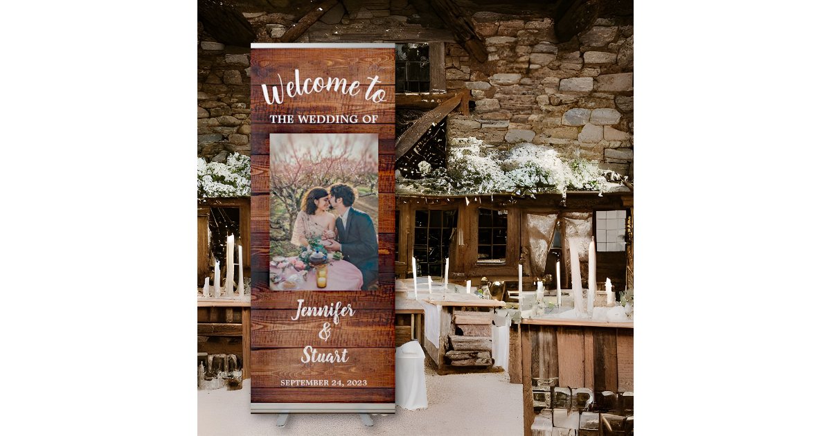 Rustic barn wood photo country wedding retractable banner | Zazzle