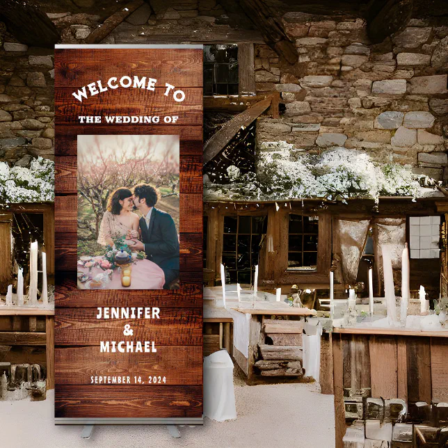Rustic barn wood photo rural country wedding retractable banner | Zazzle